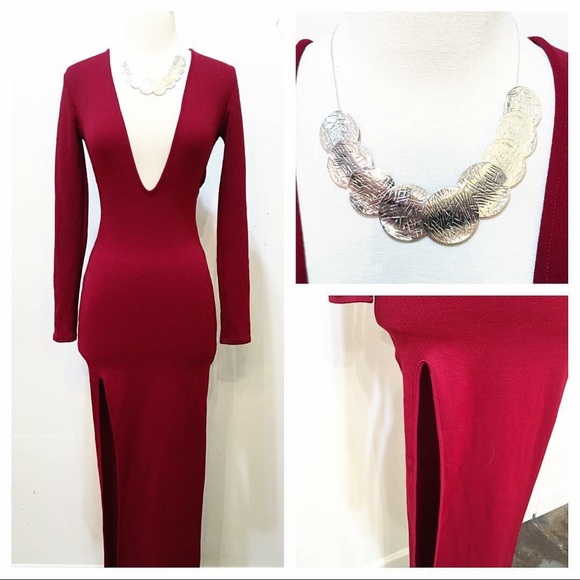 Dresses | Red Maroon High Slit Deep V Neck Cleavage Dress 6 | Poshmark